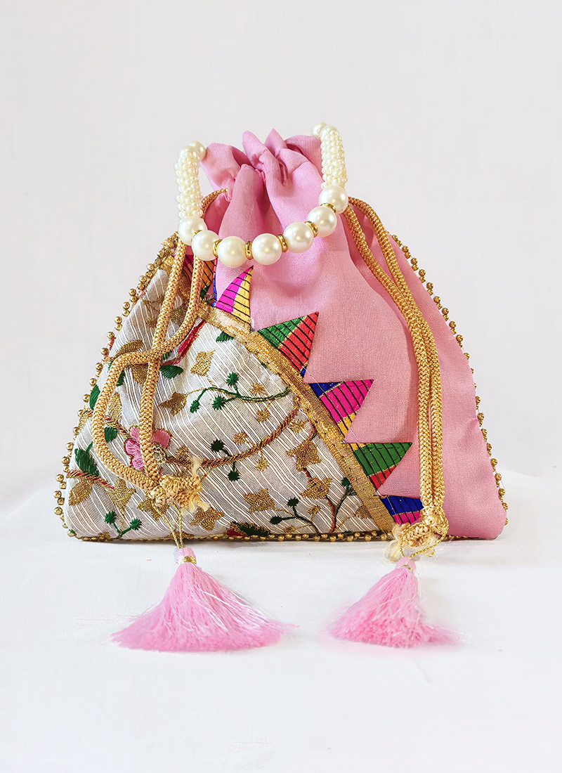 Shop Pink Silk Embroidered Thread Potli Festive Wear Online at Best ...