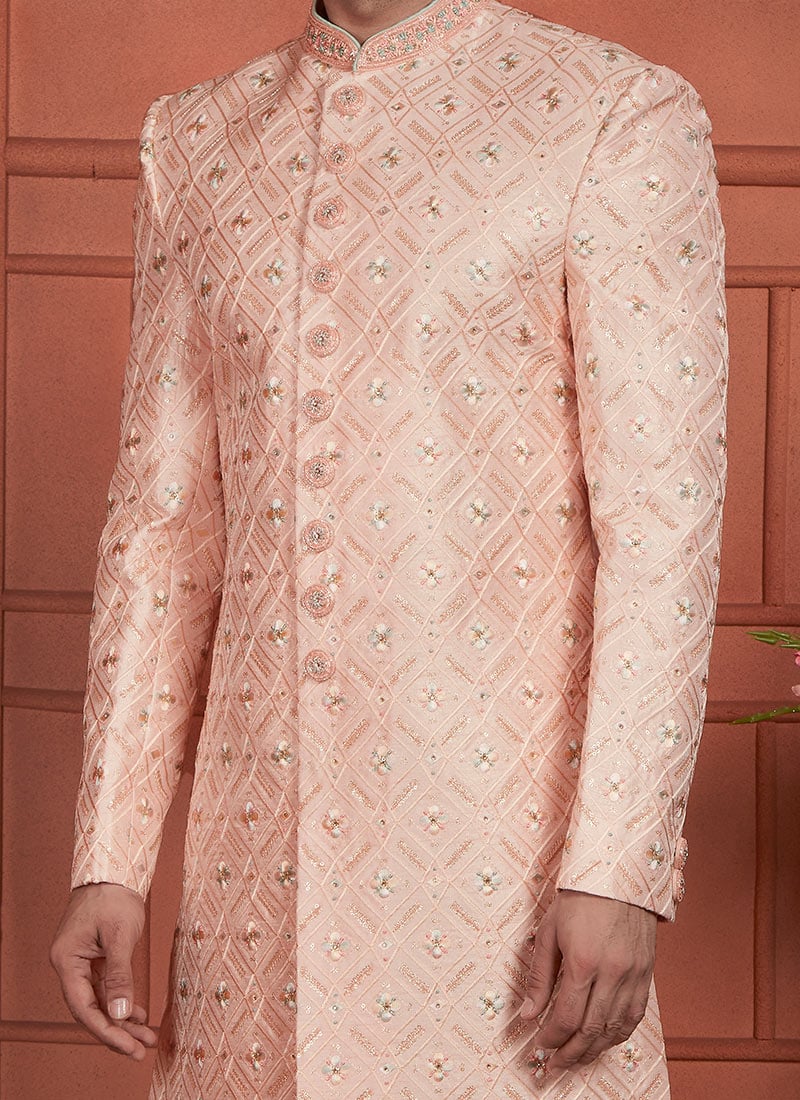 Shop Pink Silk Thread Hand Work Classic Sherwani For Men Wedding Wear ...