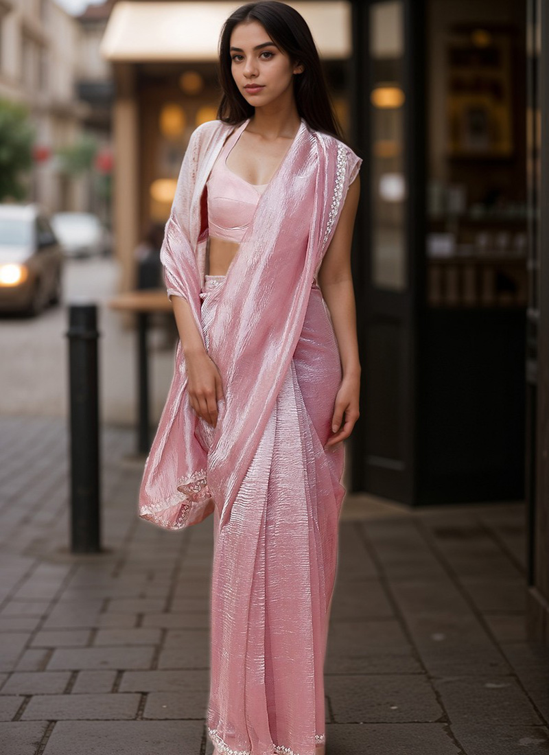 Shop Pink Tissue Hand Embroidered Moti Work Saree Wedding Wear in CA ...