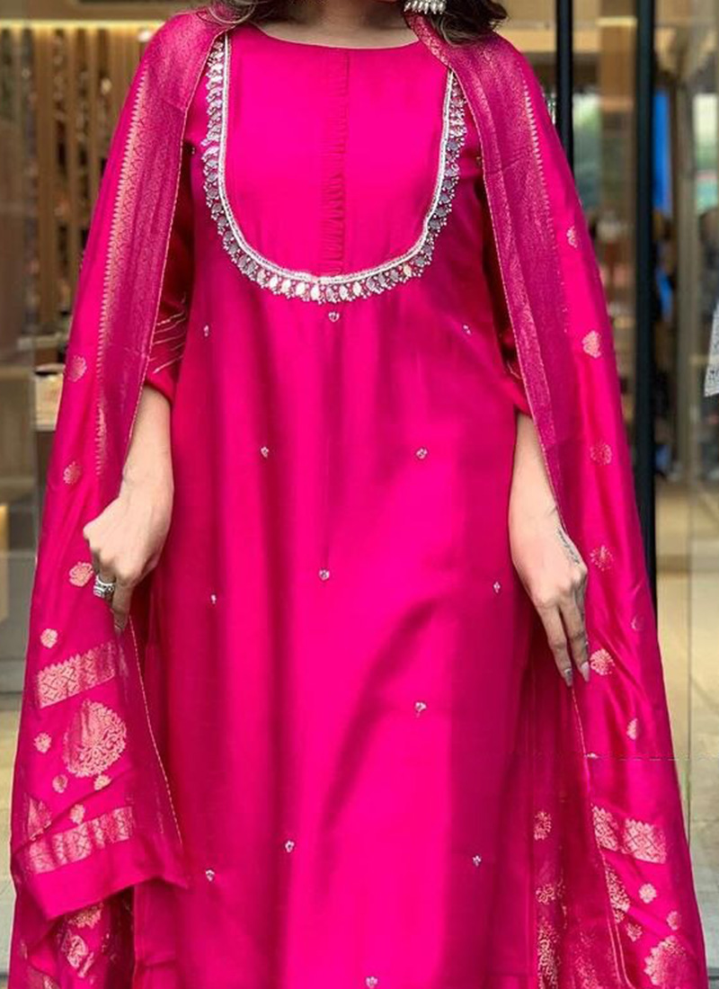 Buy Pink Viscose Chanderi Embroidered Straight Pant Suit With Jacquard ...