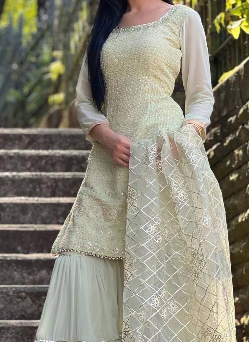 Shop Pista Green Classic Sharara Suit Georgette Embroidered Foil Print ...