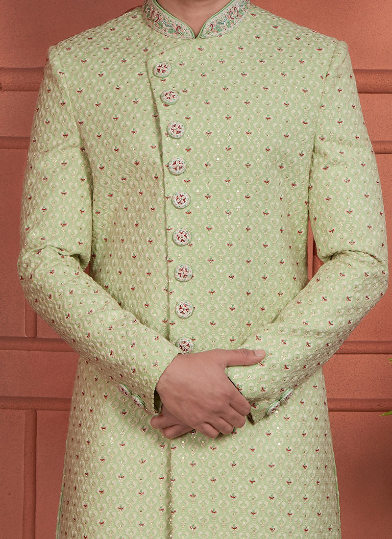 Shop Pista Green Faux Georgette Thread Hand Work Classic Sherwani For ...