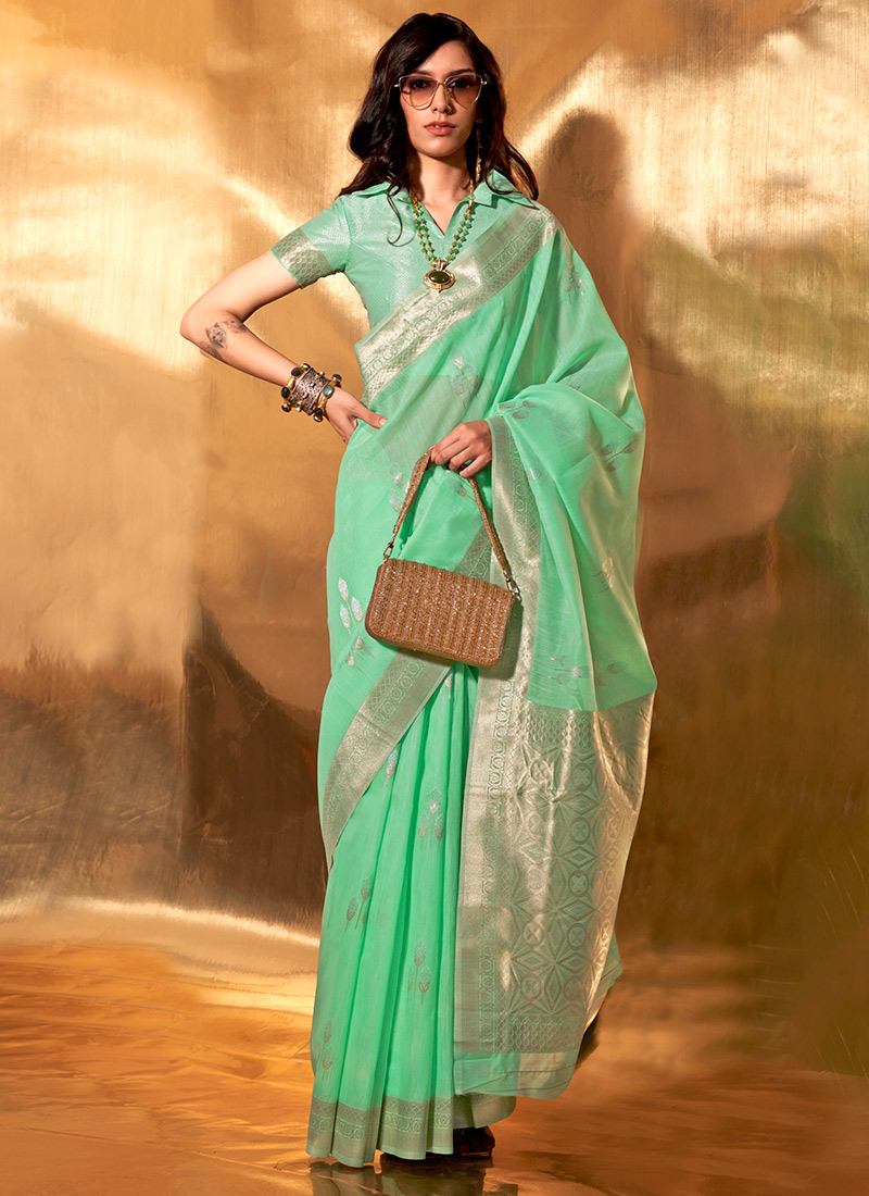 Buy Pista Green Linen Woven Zari Saree Festive Wear Online at Best ...