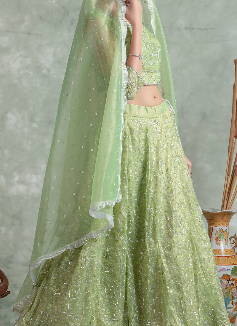 Buy Pista Green Shimmer Net Zari And Stone Work A Line Lehenga Wedding Wear Online at Best Price ...