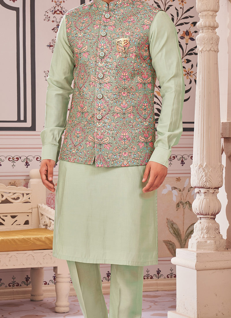Shop Pista Green Silk Embroidered Bandi Set Festive Wear in India - Cbazaar