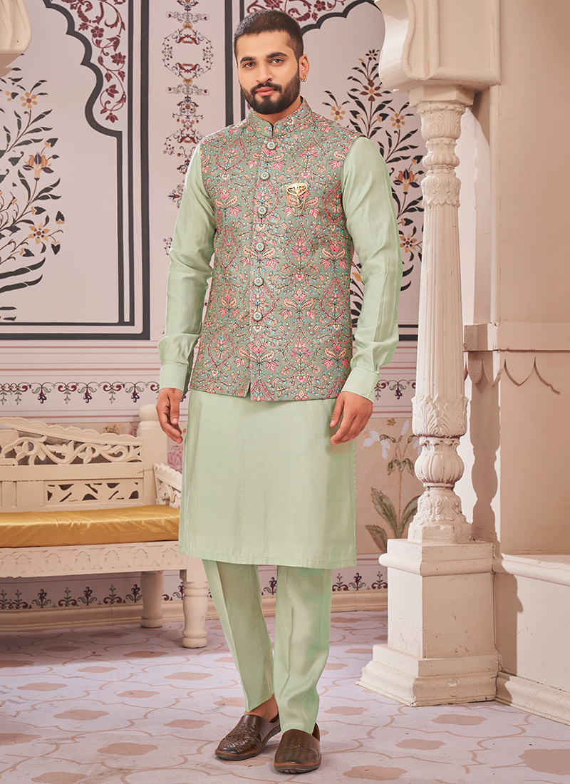 Shop Pista Green Silk Embroidered Bandi Set Festive Wear in India - Cbazaar