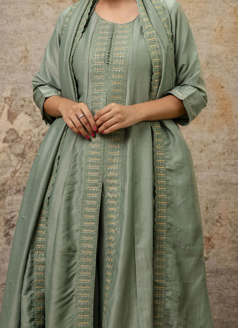 Shop Pista Green Silk Embroidered High Slit Palazzo Suit Festive Wear Online at Best Price | Cbazaar