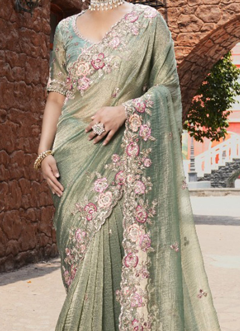 Buy Pista Green Silk Hand Embroidered Stone And Beads Work Saree ...