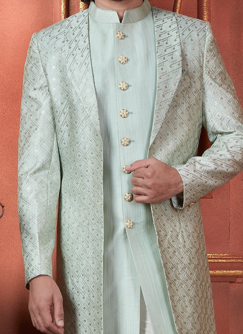 Buy Pista Green Silk Sequins Indowestern 3 Piece Jacket Style Sherwani ...