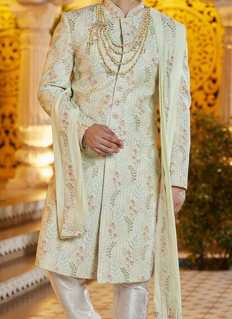 Shop Pista Green Silk Thread Hand Embroidered Classic Sherwani Wedding ...