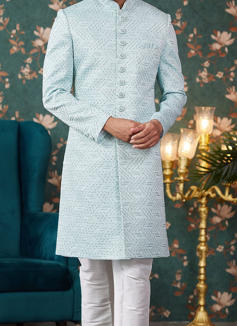 Buy Powder Blue Silk Embroidered Hand Work Classic Sherwani Wedding ...