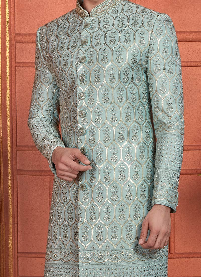 Shop Powder Blue Silk Thread Hand Work Classic Sherwani For Men Wedding ...