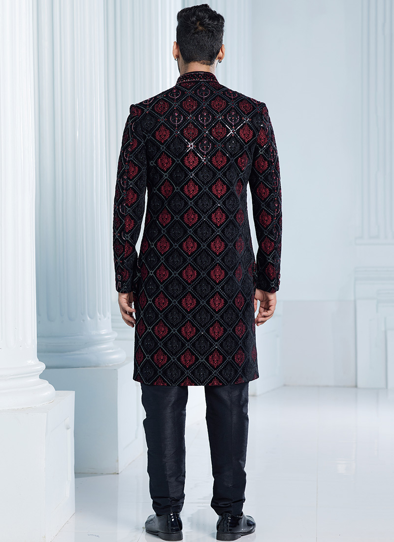 Buy Black Velvet Embroidered Indowestern Sherwani Wedding Wear Online at Best Price | Cbazaar