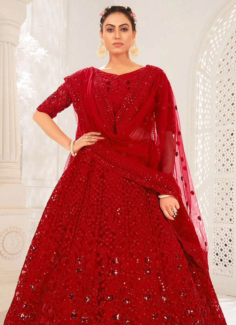 Buy Blood Red Net Embroidered N Stones Umbrella Lehenga Party Wear ...