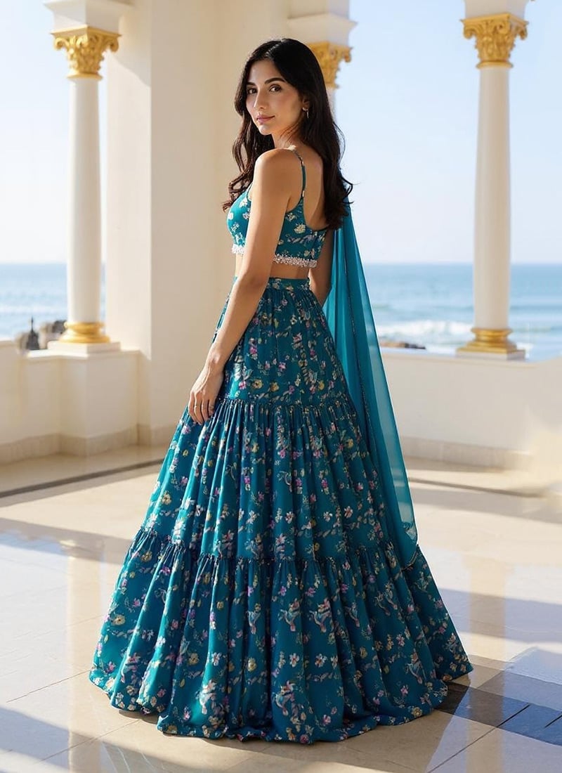 Shop Blue Georgette Digital Print Lehenga Wedding Wear in UK - Cbazaar