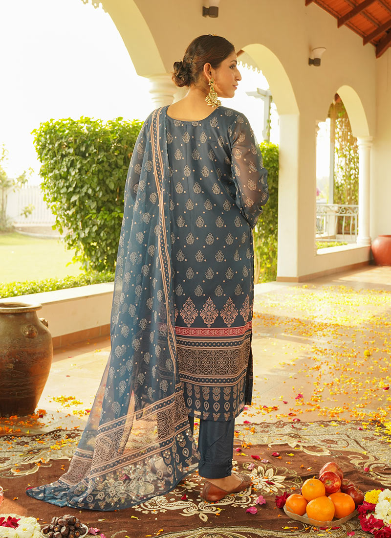 Shop Blue Organza Digital Print With Mirror Work Straight Pant Suit Festive Wear in UK - Cbazaar