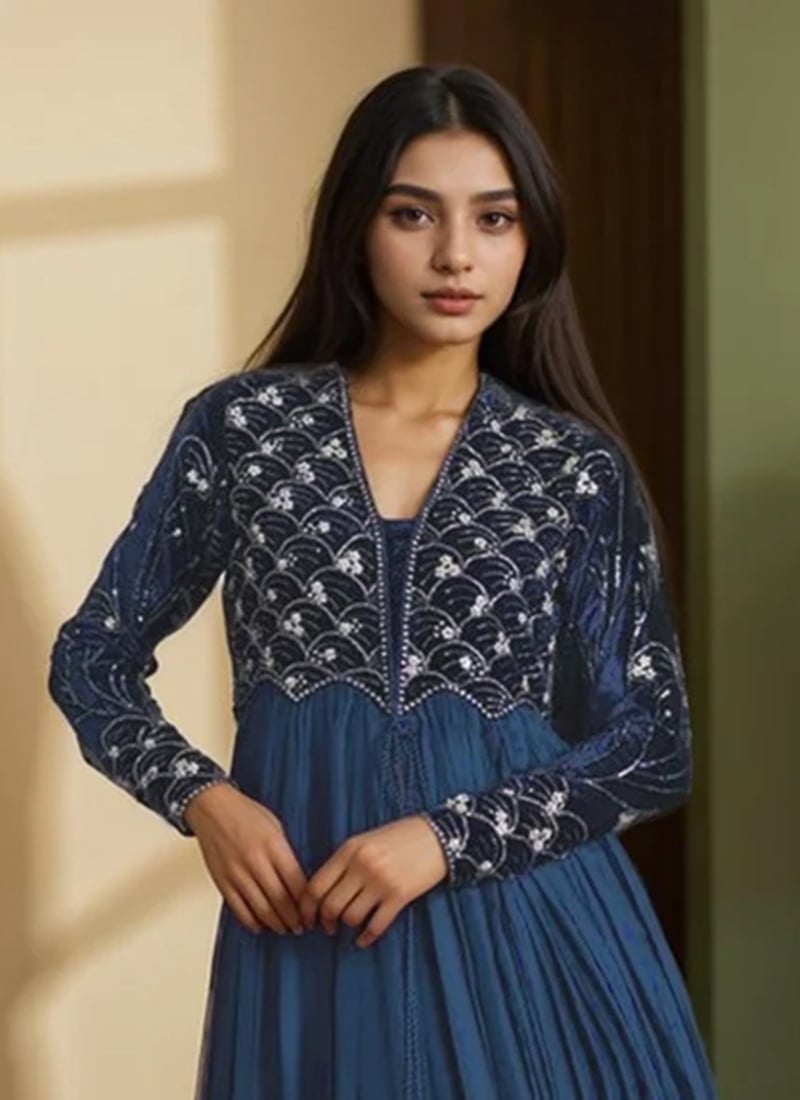 Buy Blue Velvet Silver Zari Cut Dana Hand Embroidered Anarkali Suit ...