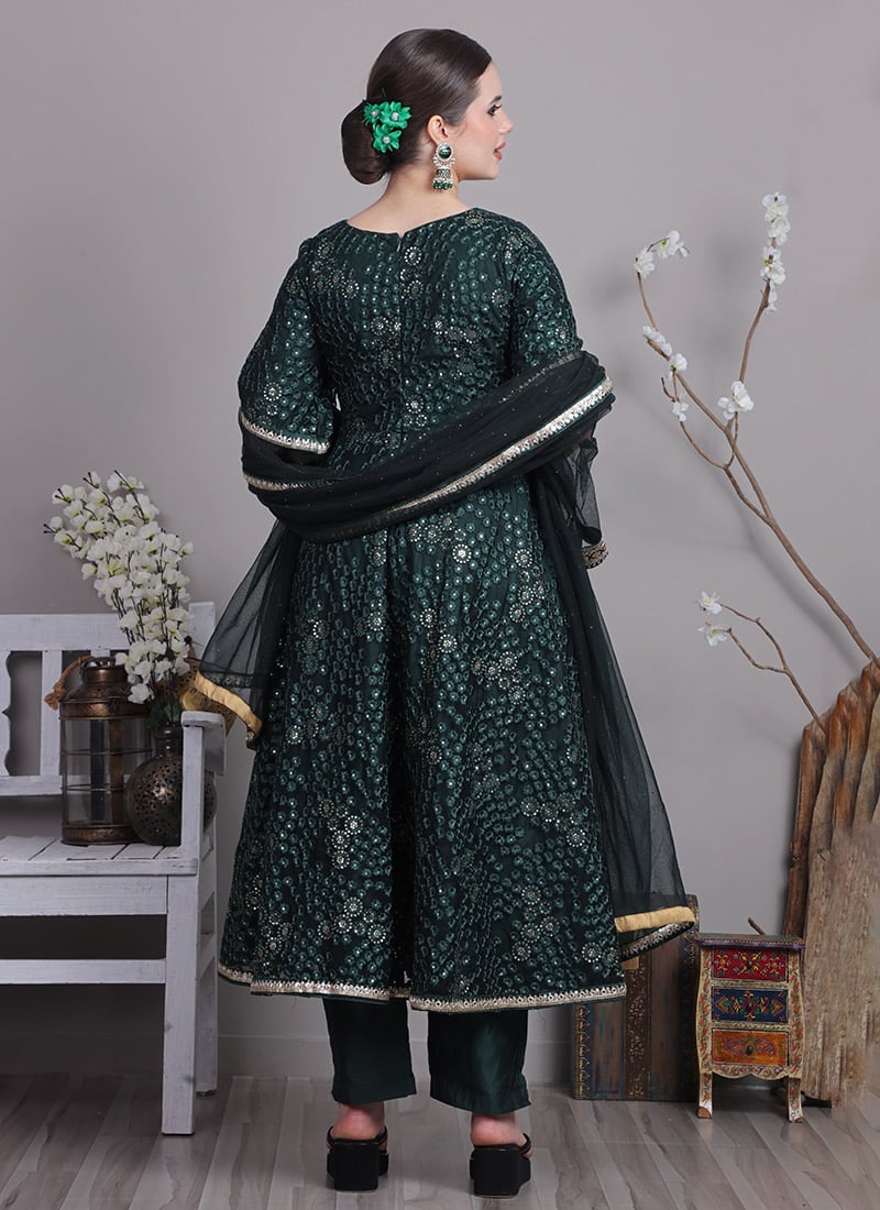 Shop Teen Girls Bottel Green Net Embroidered Anarkali Suit Festive Wear ...
