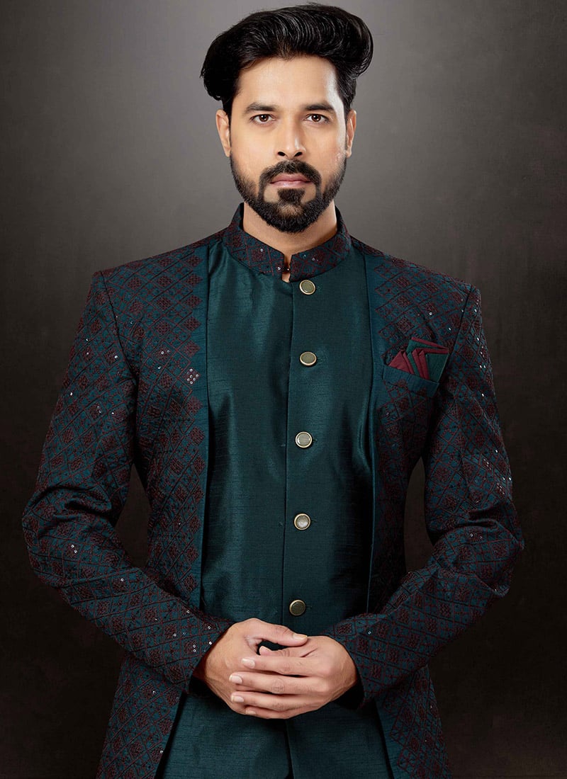 Shop Bottle Green Art Silk Jacquard Indowestern sherwani Party Wear ...