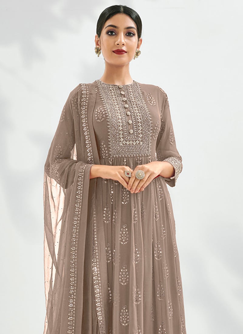 Shop Brown Georgette Tikki Work Anarkali Suit Party Wear Online at Best ...