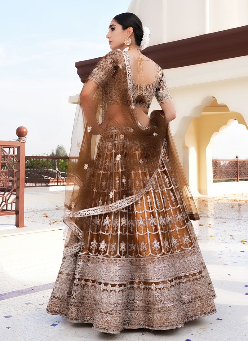 Buy Brown Net Zari Embroidered Sequins Gorgeous Lehenga Wedding Wear Online at Best Price | Cbazaar