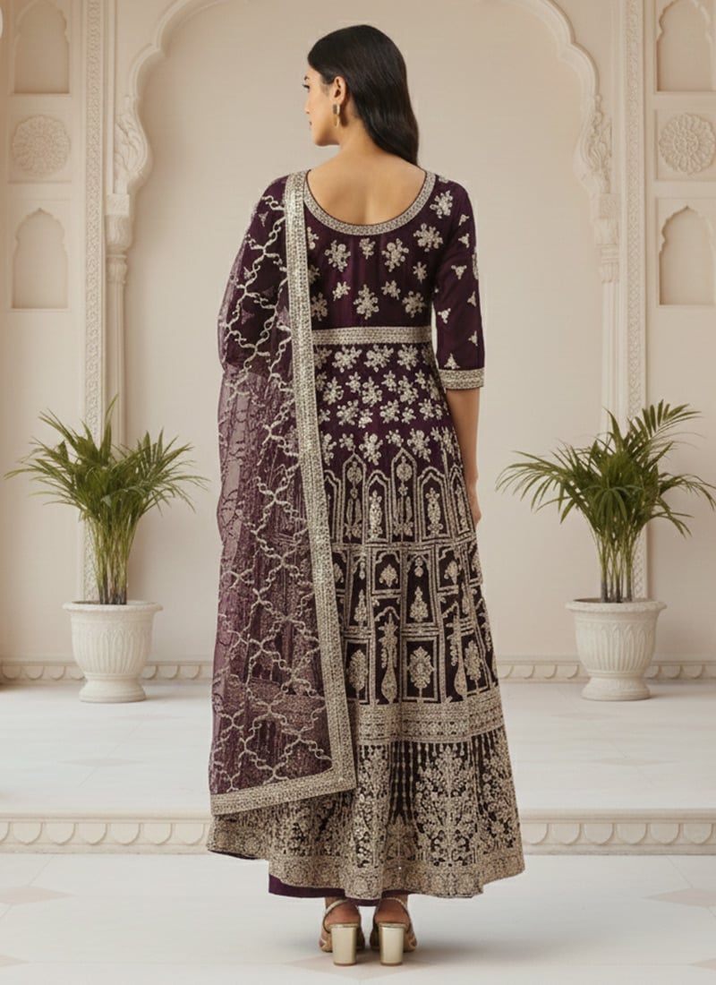 Buy Classic Purple Net Embroidered Anarkali Suit Wedding Wear Online at ...