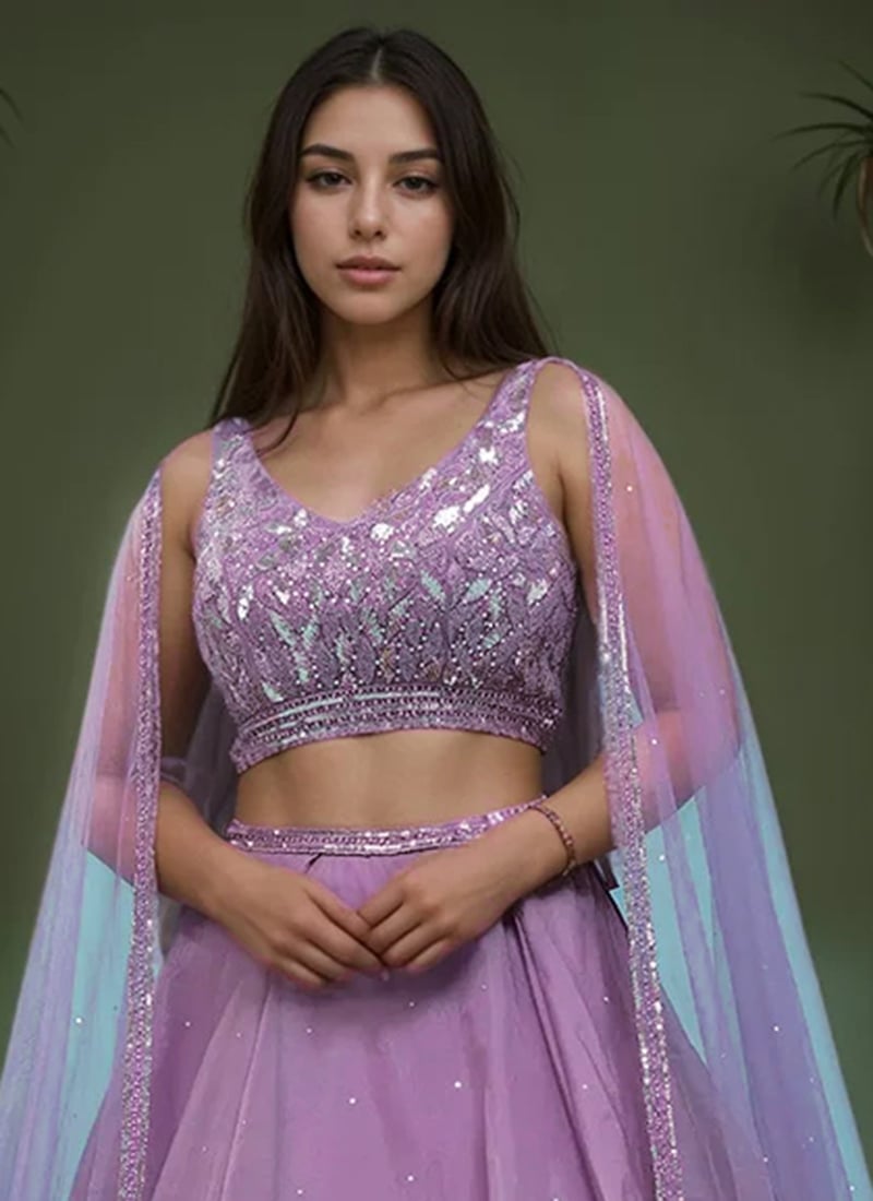 Buy Dusty Lavender Organza Sequins Cut Dana Hand Embroidered Lehenga ...