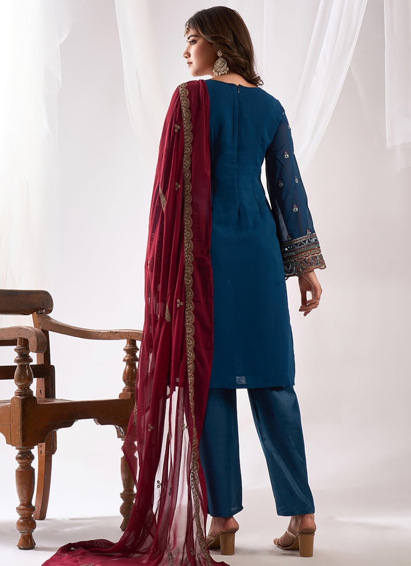 Buy Embroidered Teal Blue Faux Georgette Pakistani Suit Party Wear ...
