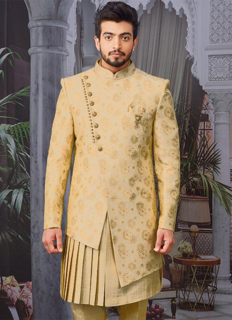 Buy Gold Jacquard Art Silk Indowestern Sherwani Party Wear Online at ...