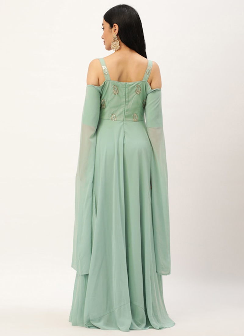Shop Green Net Embroidered Cape Style Sleeve Gown Party Wear in UK ...
