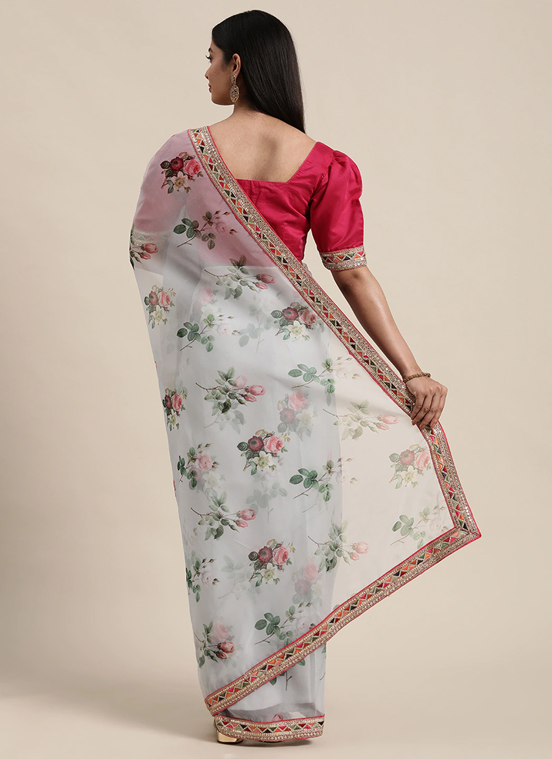 Shop Grey Digital Printed Organza Saree With Choli Party Wear Online at ...