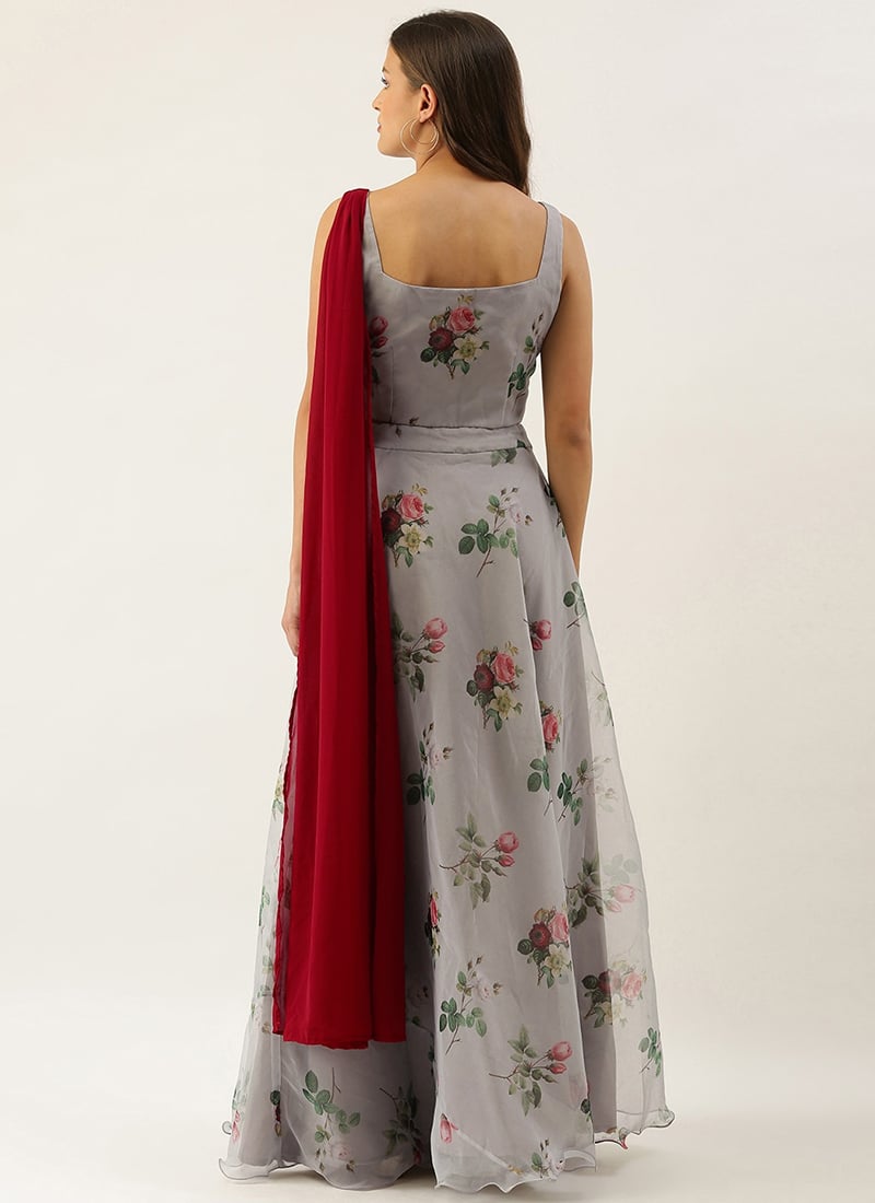 Buy Teen Girls Grey Floral Organza Crop Top N Skirt Set Party Wear ...