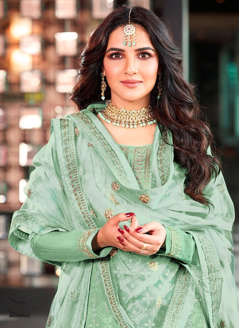 Shop Jasmin Bhasin Green Art Silk Jacquard Straight Pant Suit Festive ...