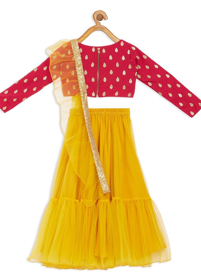 Shop Kids Girls Magenta Embroidered N Yellow Net Lehenga Festive Wear ...