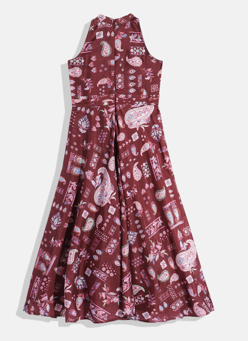 Buy Kids Girls Maroon Digital Printed Kota Silk Gown Festive Wear ...