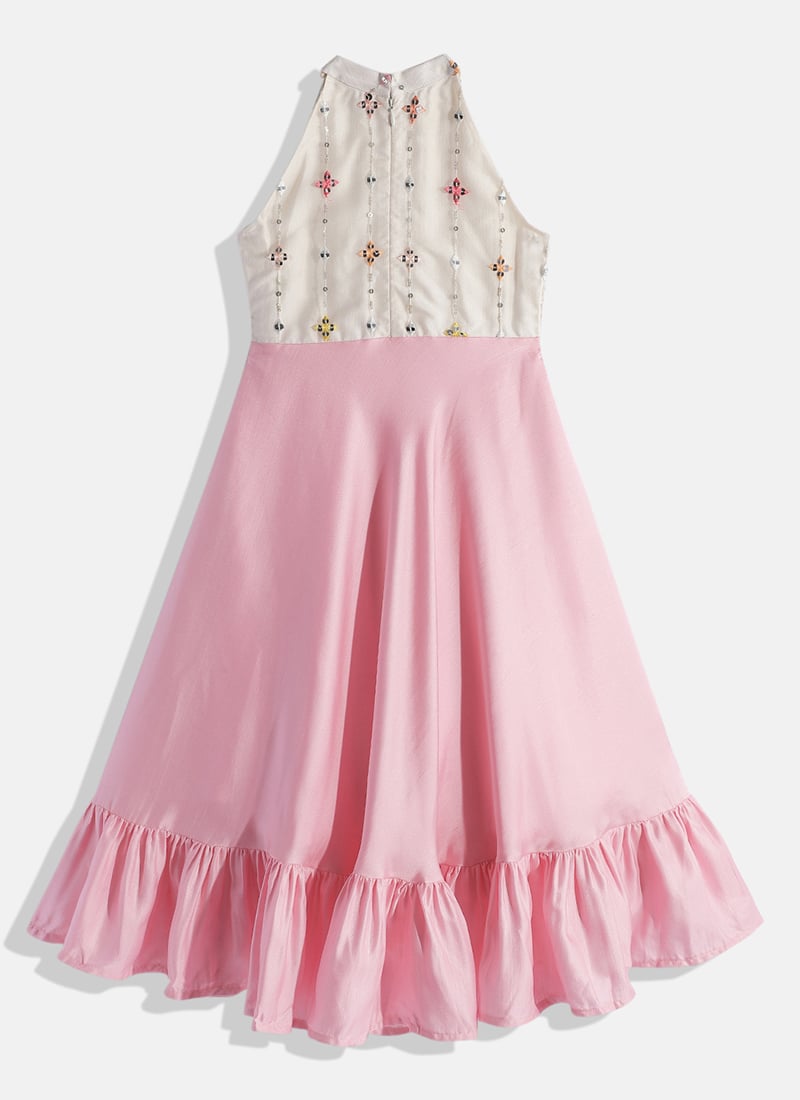 Buy Kids Girls Multicolor N Pink Halter Neck Asymmetrical Gown Festive ...