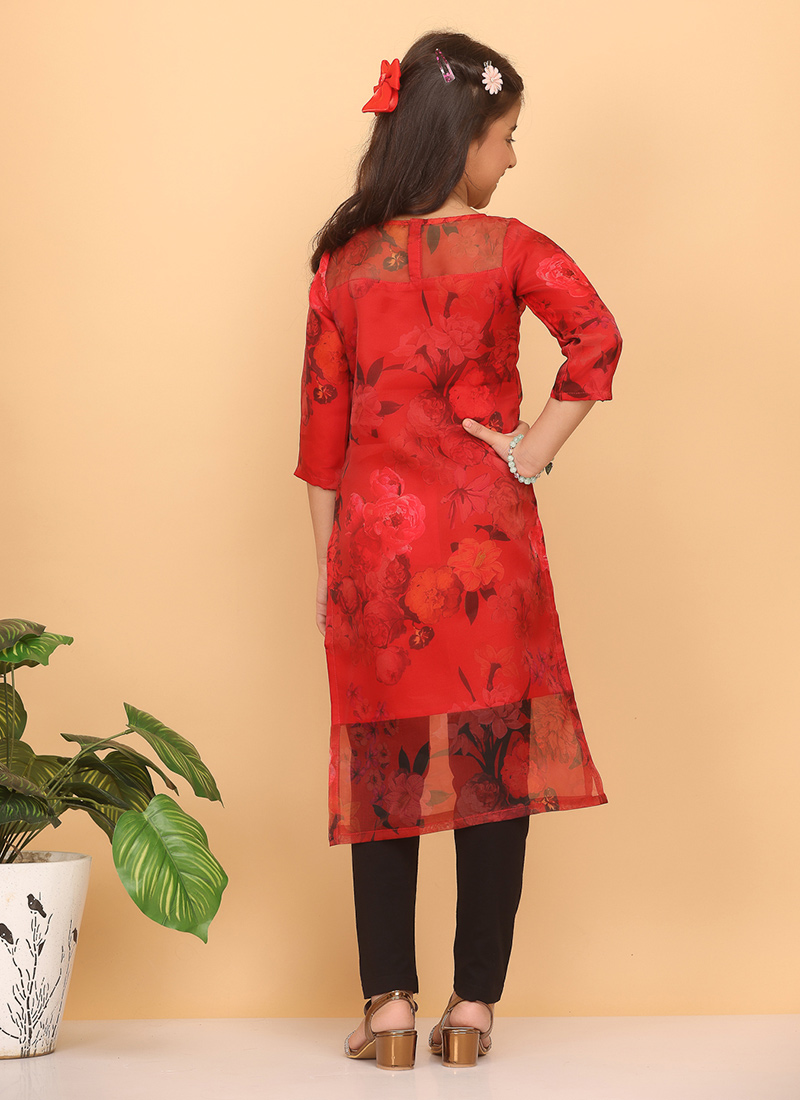 Shop Kids Girls Red Sheer Neck Organza Kurti in UK - Cbazaar