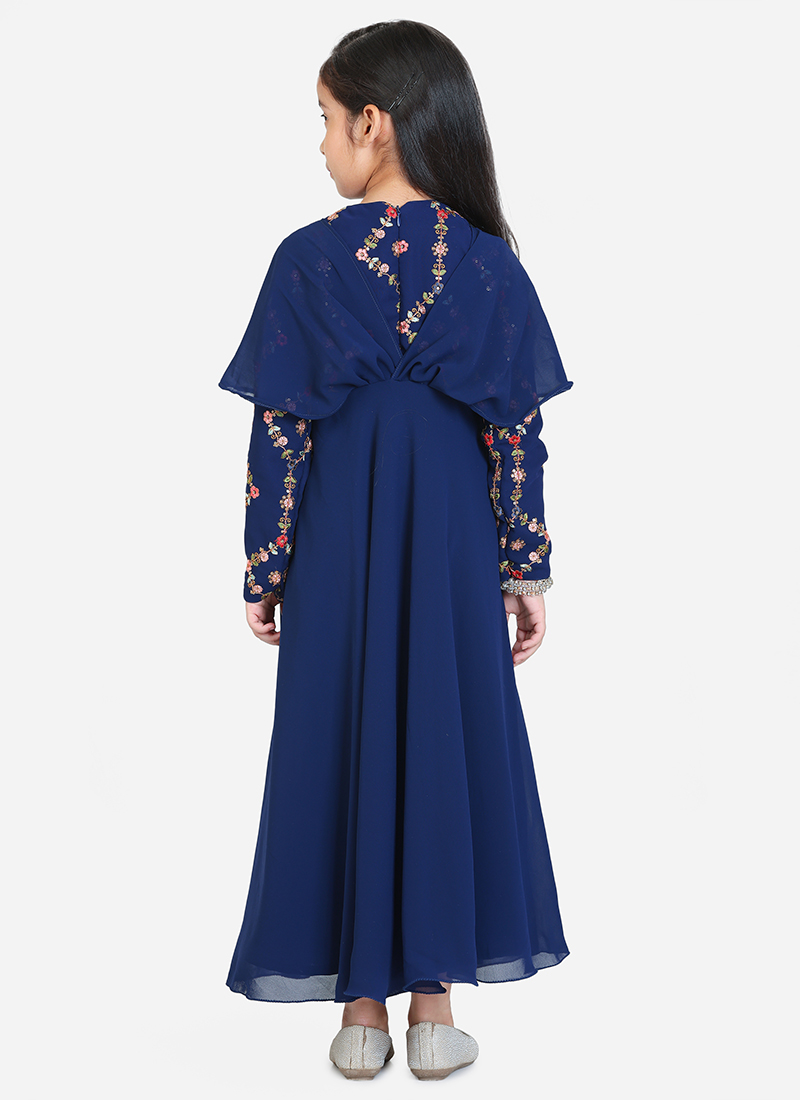 Buy Kids Girls Royal Blue Georgette Embroidered Gown Festive Wear ...