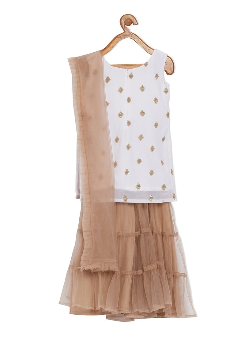 Shop Kids Girls White Georgette N Brown Layered Palazzo Set Festive ...