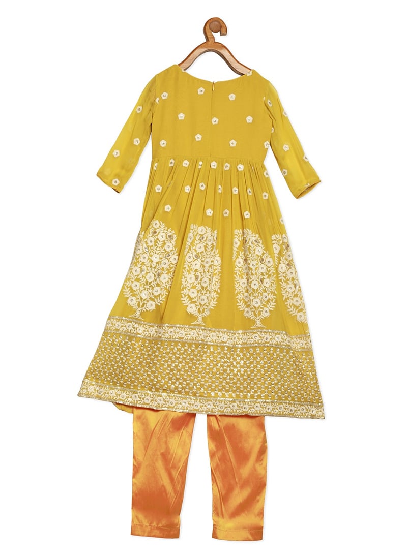 Shop Kids Girls Yellow Embroidered V Neck Anarkali suit Wedding Wear ...