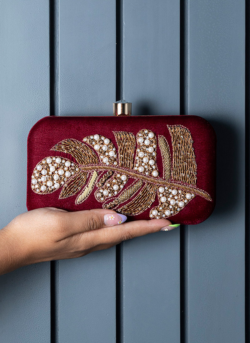 Buy Maroon Velvet Clutch Embossed With Embroidery And Sequins Party ...