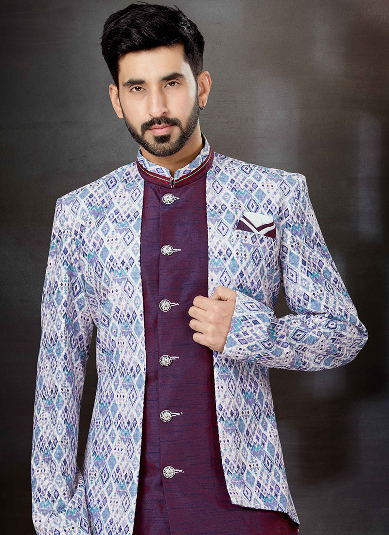 Buy Multicolor Art Silk Jacquard Indowestern sherwani Party Wear Online ...