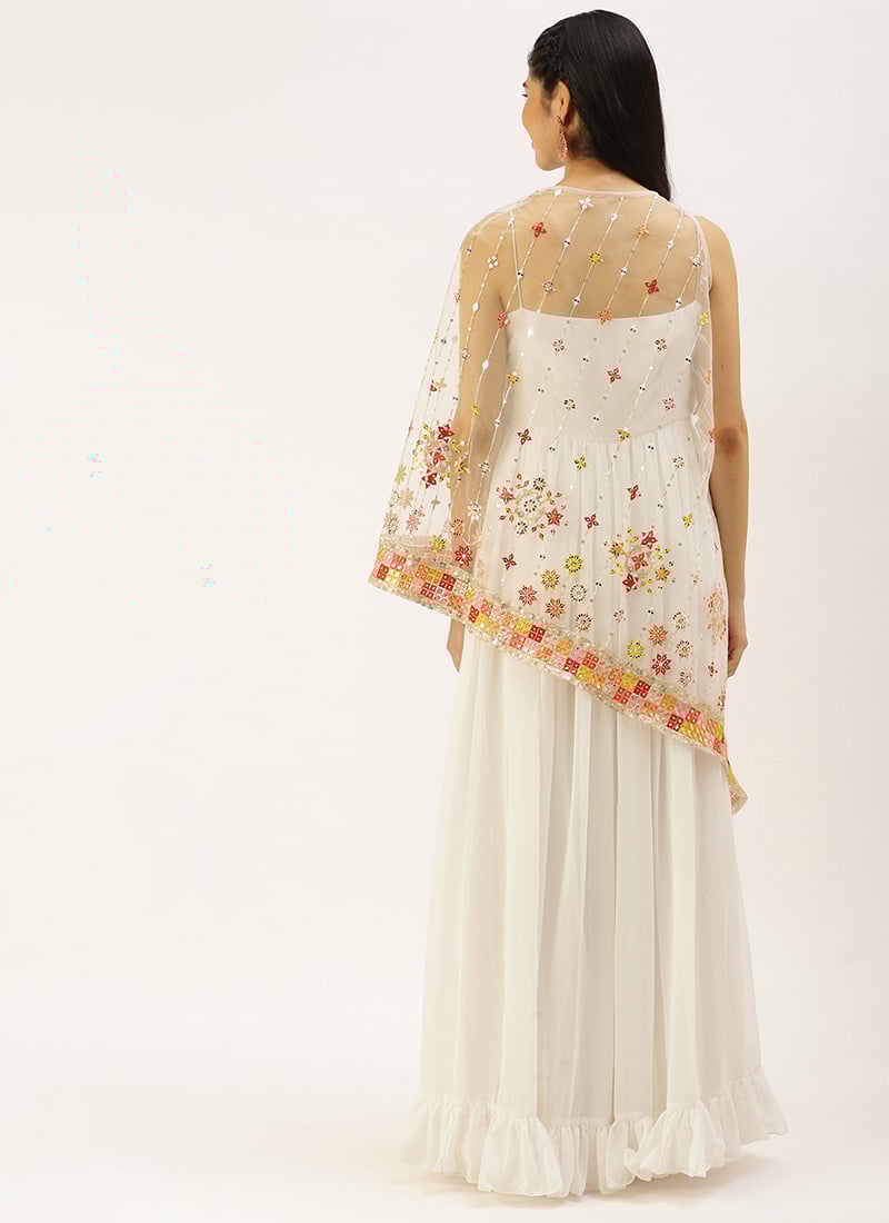 Buy Multicolored Net Mirror Embroidery White Georgette Gown Party Wear ...