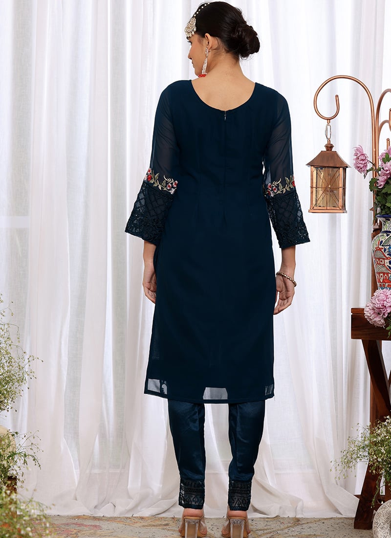 Buy Navy Blue Faux Georgette Embroidered Pakistani Suit Party Wear ...