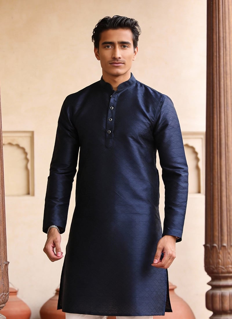 Shop Navy Blue Silk Embroidered Kurta Pyjama For Men Festive Wear ...