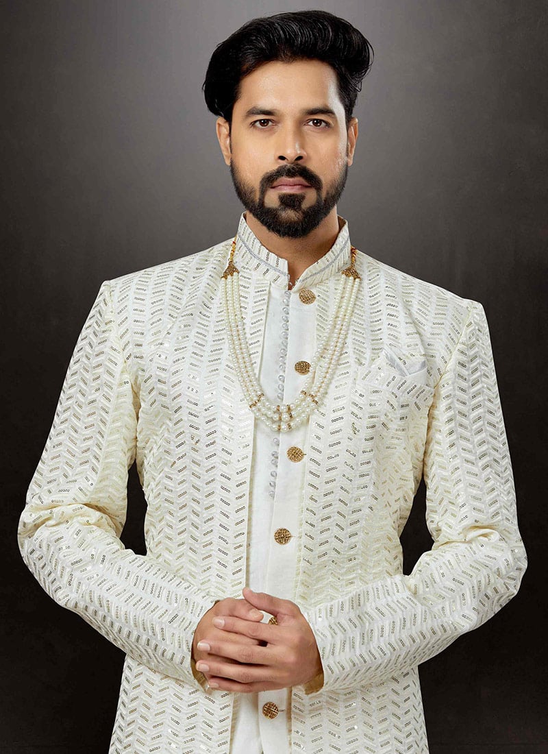 Shop Off White Art Silk Sequins Indowestern Sherwani Party Wear Online at Best Price | Cbazaar