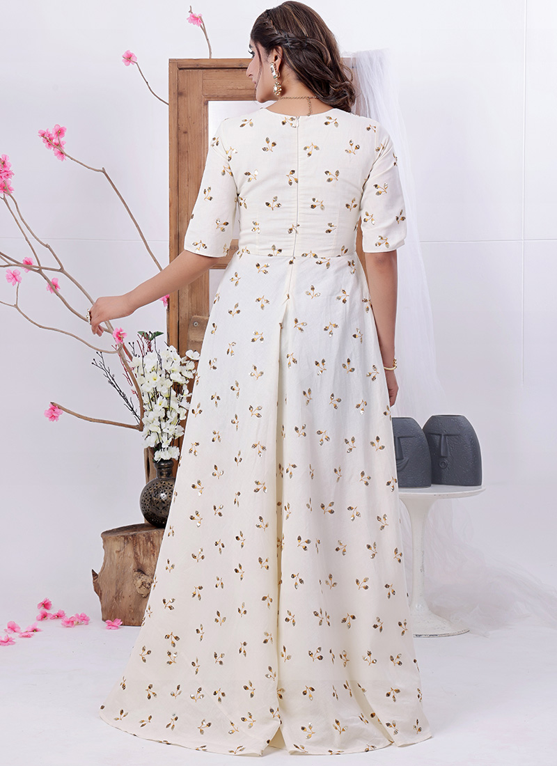 Shop Off White Embroidered Cotton Gown Festive Wear Online at Best ...