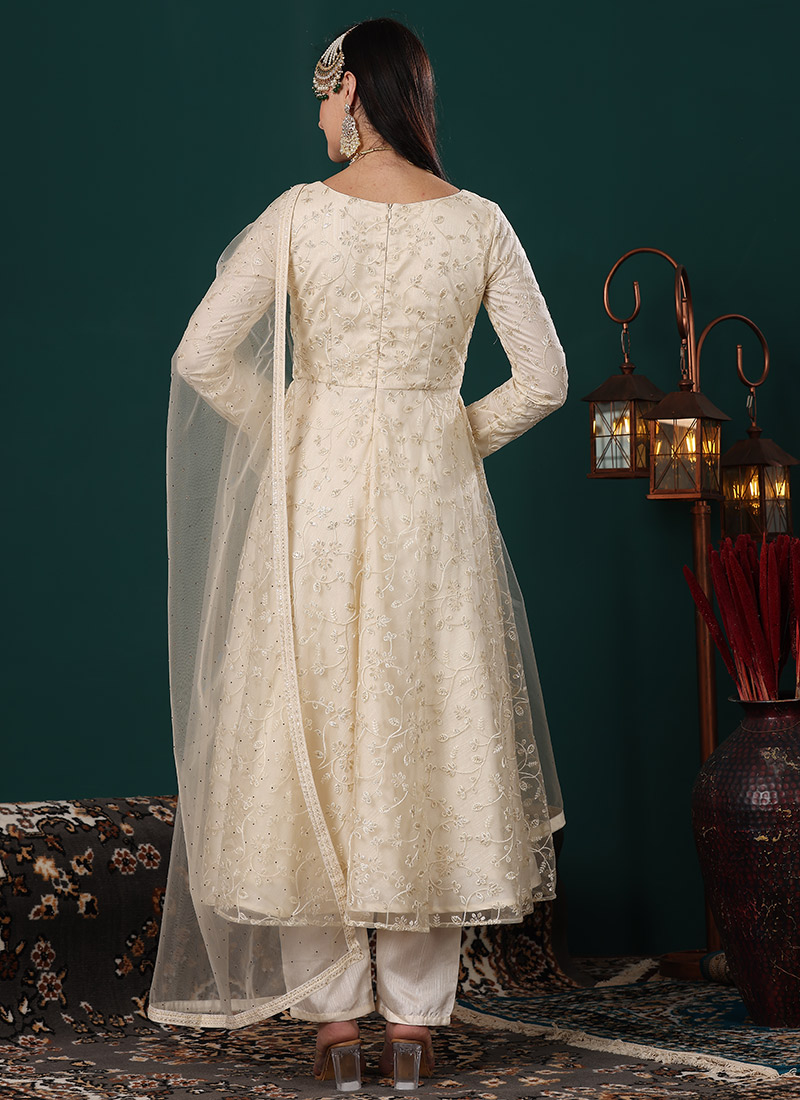 Buy Teen Girls Off White Net Embroidered Anarkali Suit Festive Wear ...