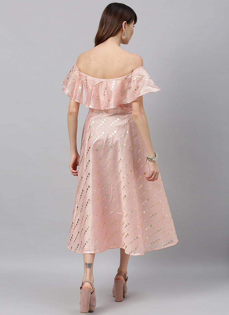 Shop Pink Printed Calf Length Shoulderless Dress Party Wear Online at ...