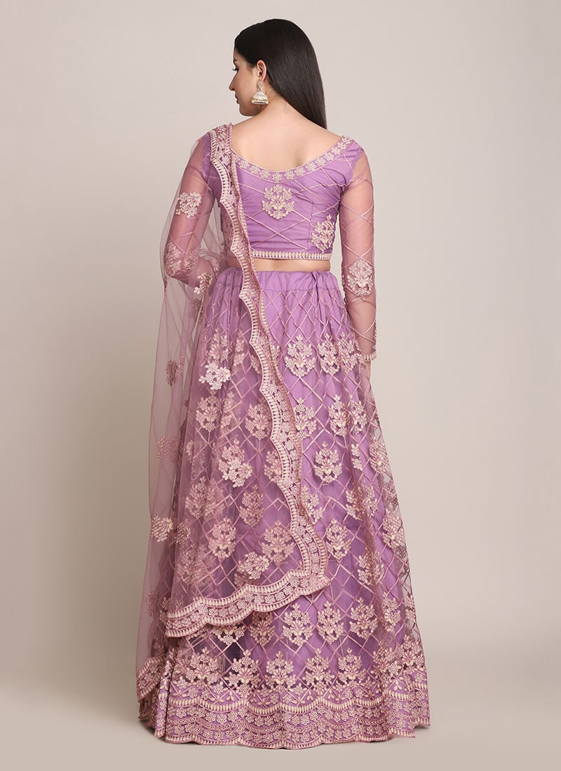 Shop Purple Net Embroidered Stone Work Umbrella Lehenga Party Wear ...